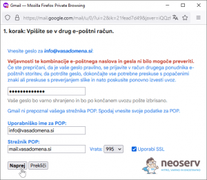 Preusmeritev in dodajanje e-mail računa v Gmail • NEOSERV.si