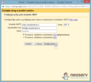 Preusmeritev in dodajanje e-mail računa v Gmail • NEOSERV.si